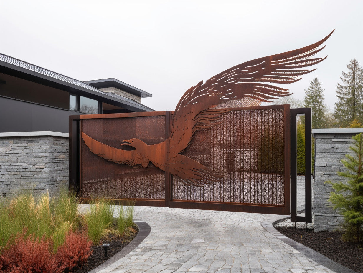 Entrance gate made of COR-TEN® steel - a bird with spread wings ...